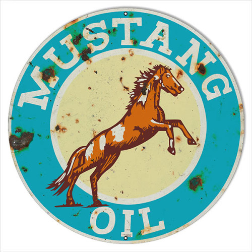 Large Reproduction, Aged looking, Mustang Oil Gas Station Sign 18 Round ...
