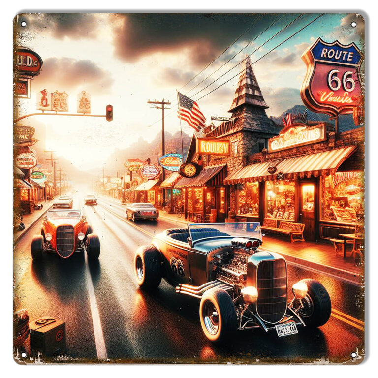 Hot Rods on Route 66 12x12 Metal Sign - Reproduction Vintage Signs