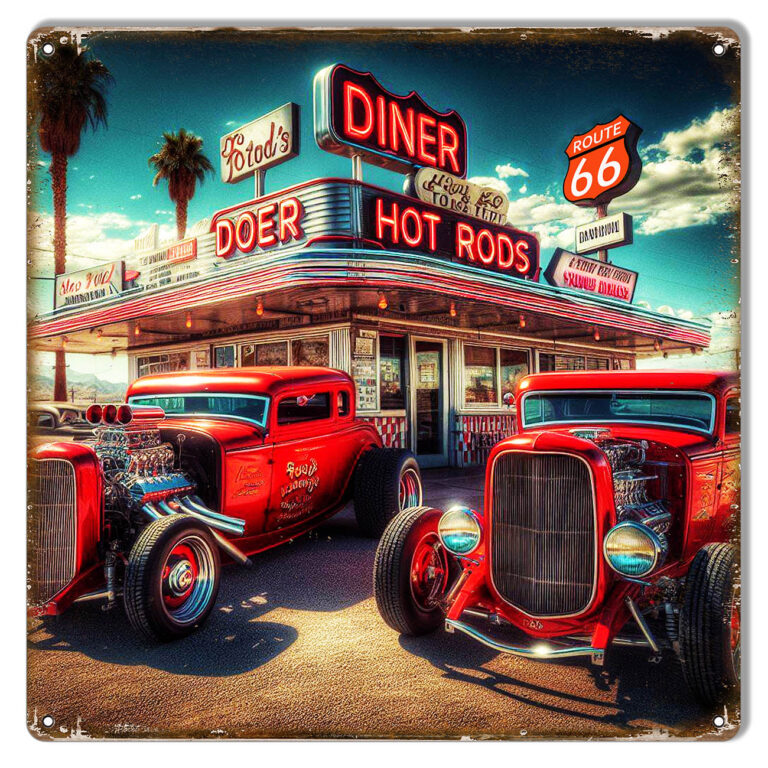 Hot Rod Diner Route 66 12x12 Metal Sign - Reproduction Vintage Signs